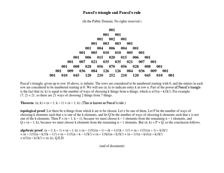 Pascal Triangle and Pascal Rule | PDF