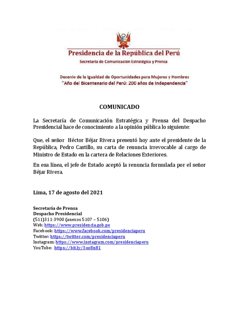 Comunicado Presidencia de La República-Héctor Béjar | PDF