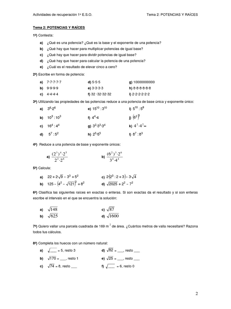Tema 2 - POTENCIAS Y RAÍCES | PDF | Exponenciación | Álgebra abstracta