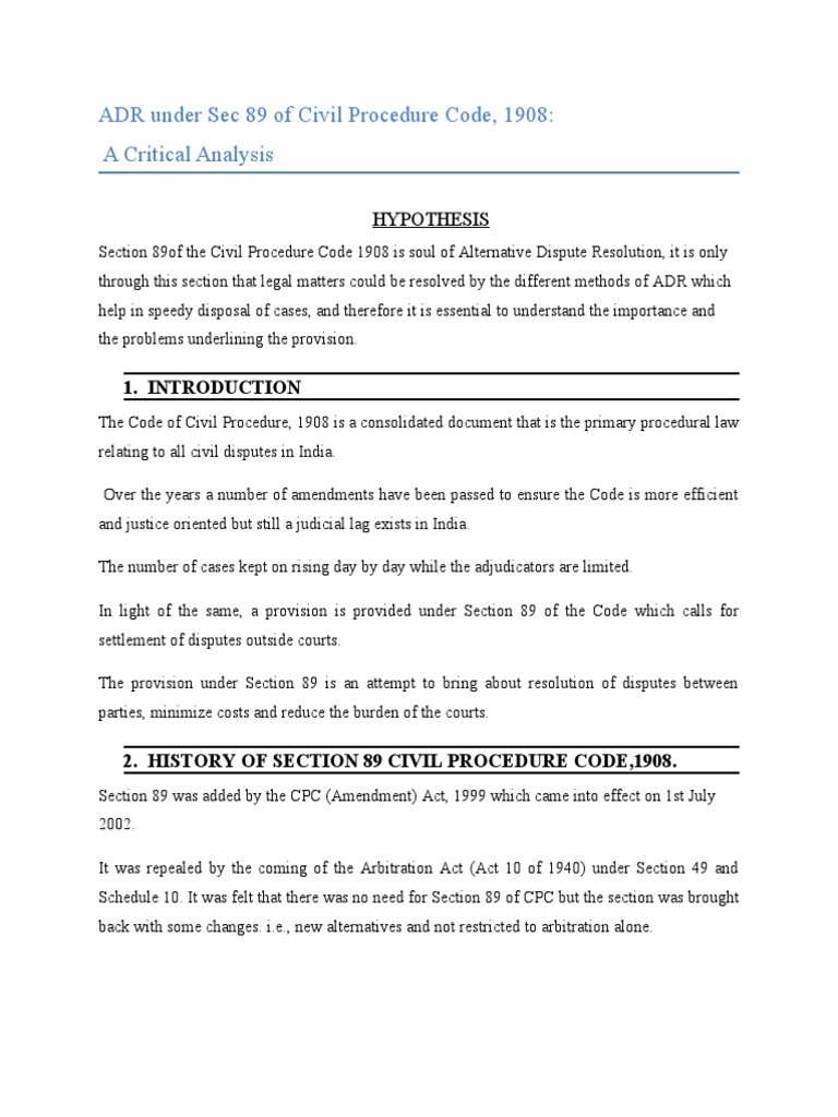 ADR Under Sec 89 of Civil Procedure Code, 1908: A Critical Analysis ...