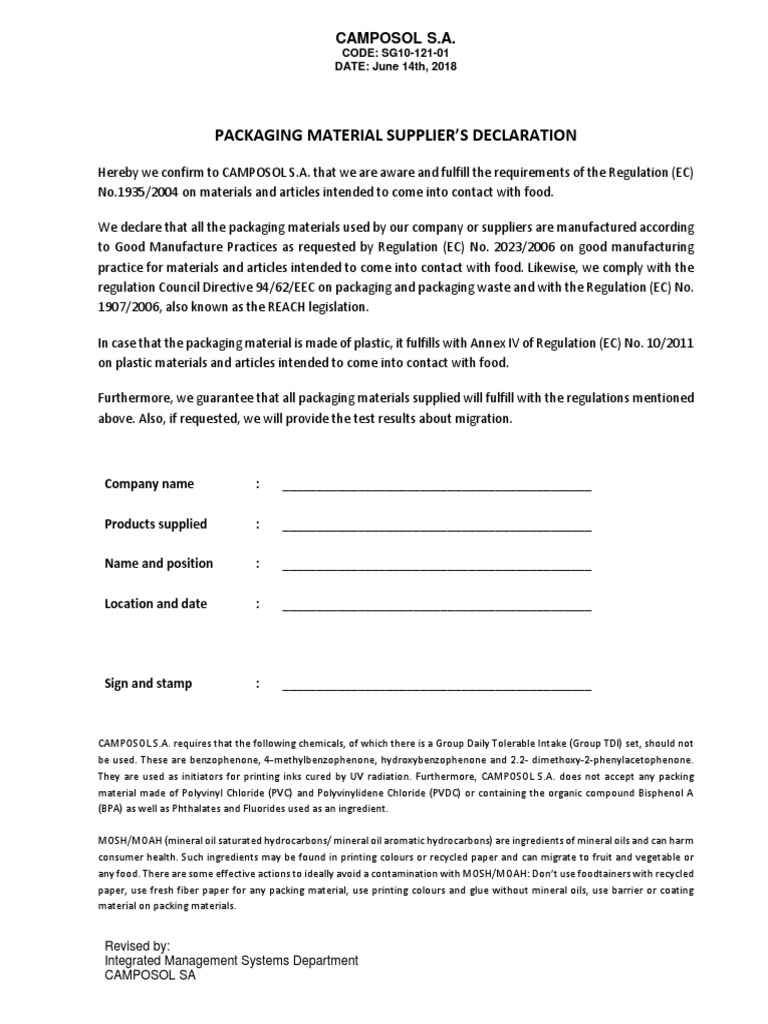 SG10-121 Packaging Material Supplier's Declaration - V1 | PDF | Plastic ...