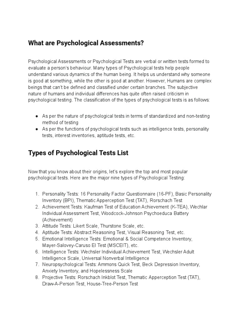 Types of Psychological Tests Explained | PDF | Psychological Testing ...