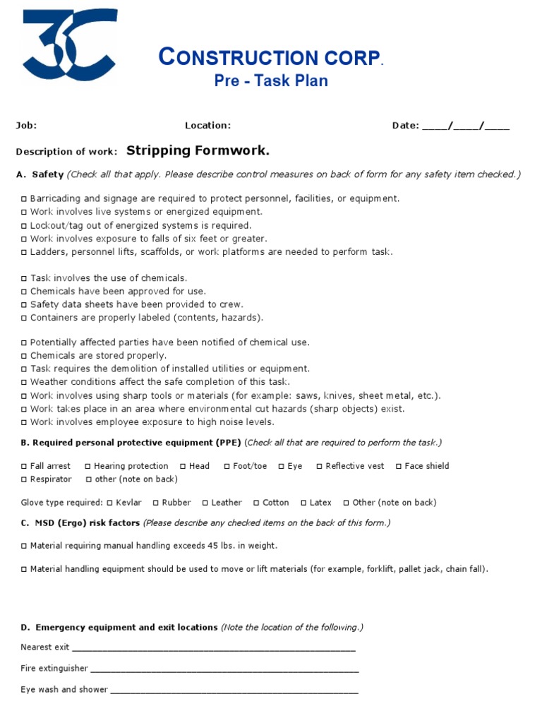 Pre Task Plan - Stripping Formwork | PDF | Personal Protective ...