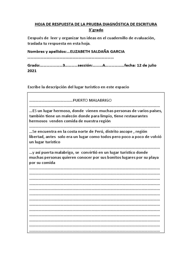 Hoja de Respuesta de La Prueba Diagnóstica de Escritura 3° Grado-9 | PDF
