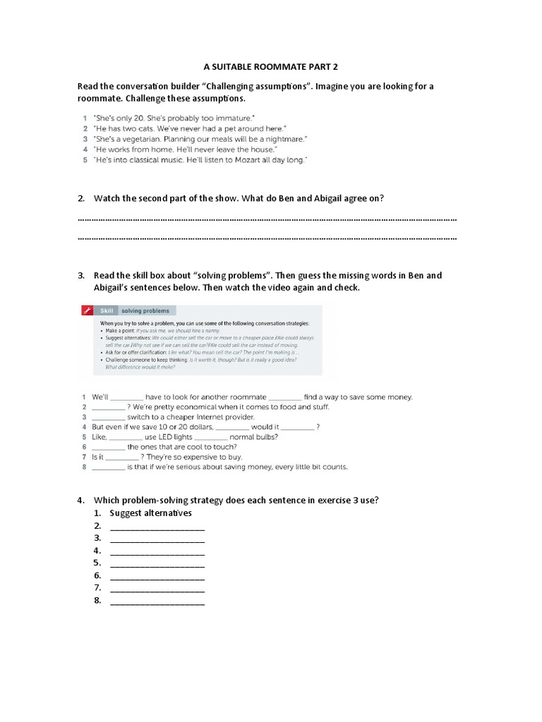 A Suitable Roommate - Part 2 Worksheet | PDF