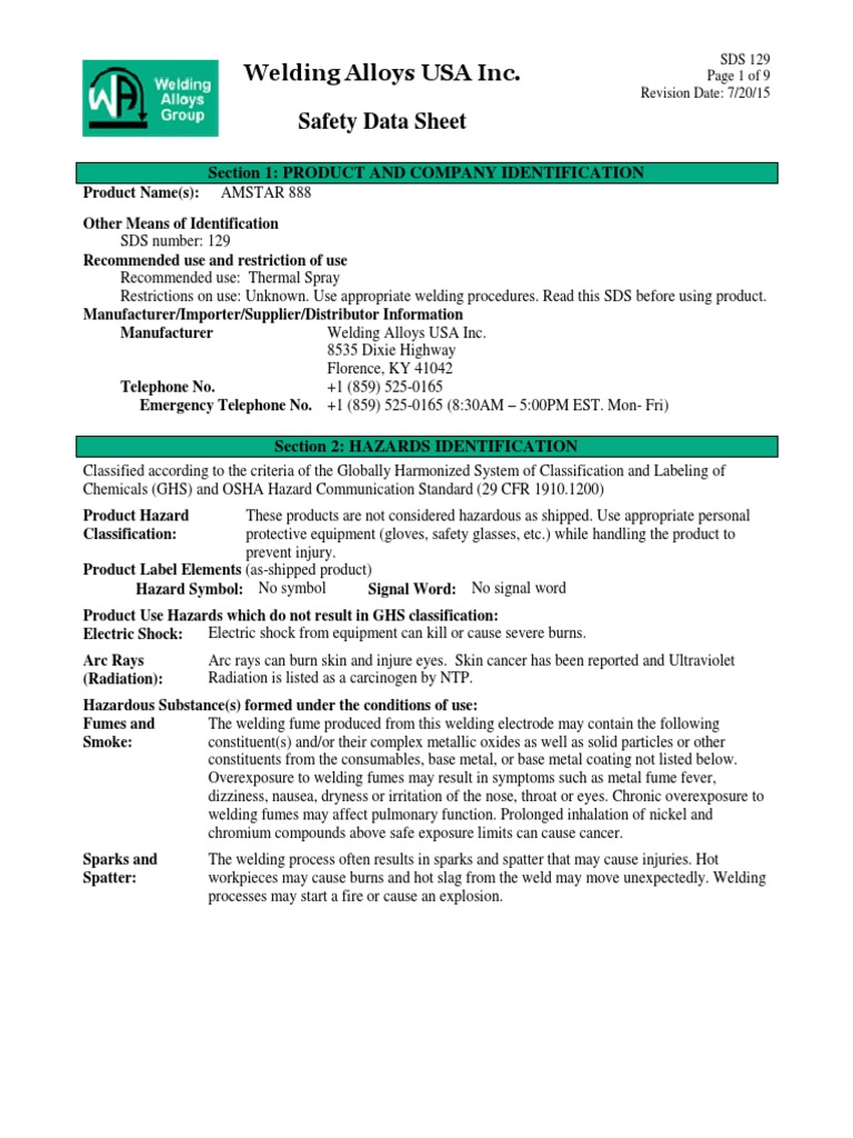 Welding Alloys USA Inc. Safety Data Sheet: Section 1: Product and ...