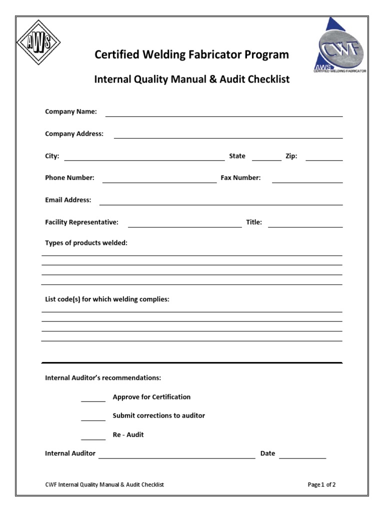 Certified Welding Fabricator Program: Internal Quality Manual & Audit ...