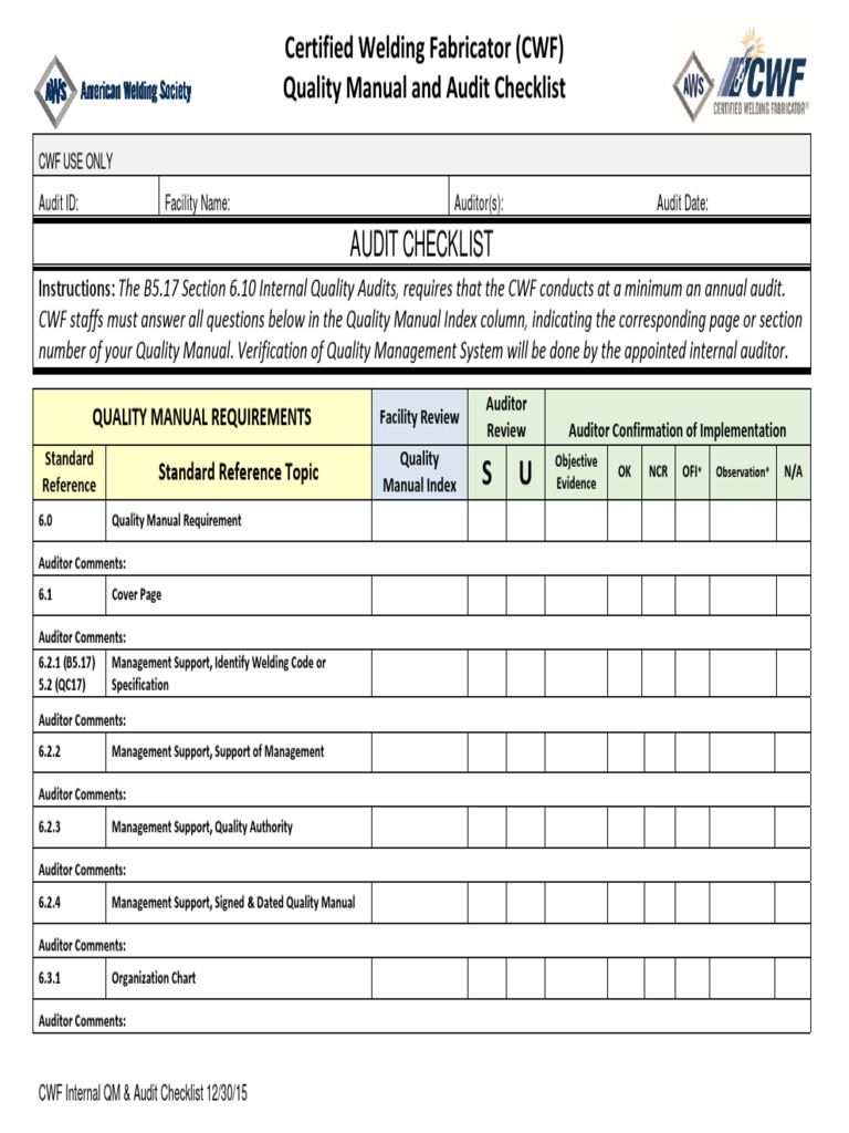 Certified Welding Fabricator (CWF) Quality Manual and Audit Checklist ...