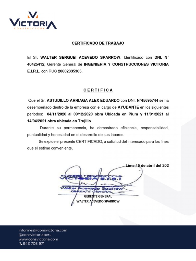 Certificado de Trabajo Alex Astudillo | PDF