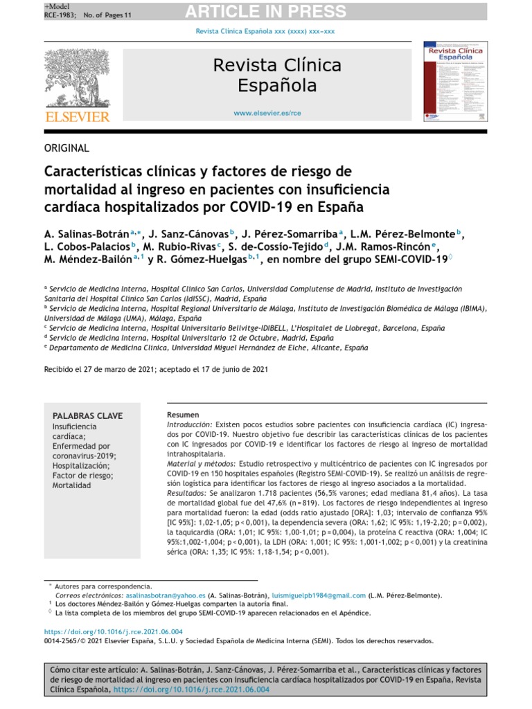 Caracter Sticas CL Nicas y Factores de Riesgo de Mortalidad A - 2021 - Revista C | PDF ...