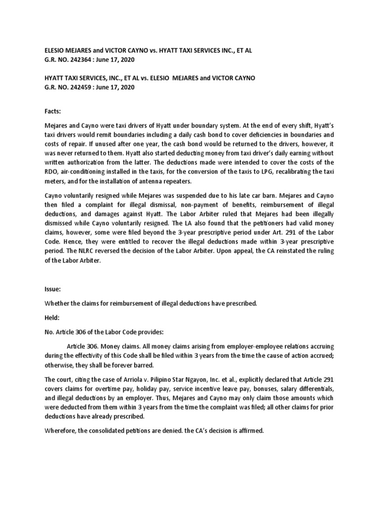 Case#1 MEJARES vs. HYATT TAXI SERVICES | PDF | Complaint | Lawsuit