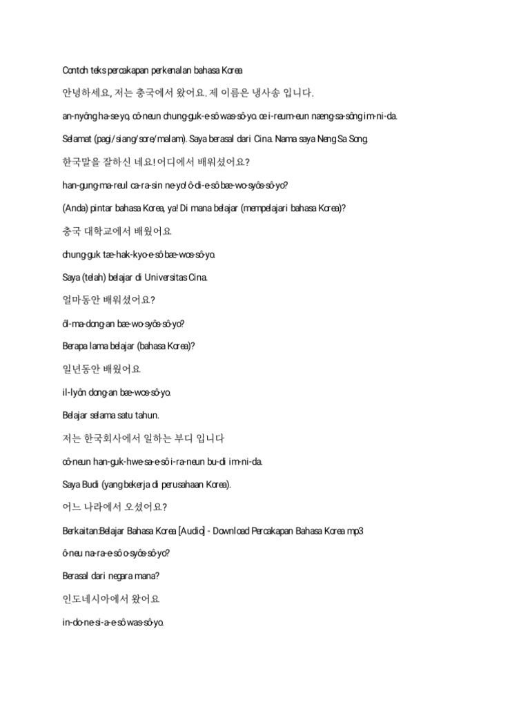 Contoh Teks Percakapan Bahasa Korea | PDF