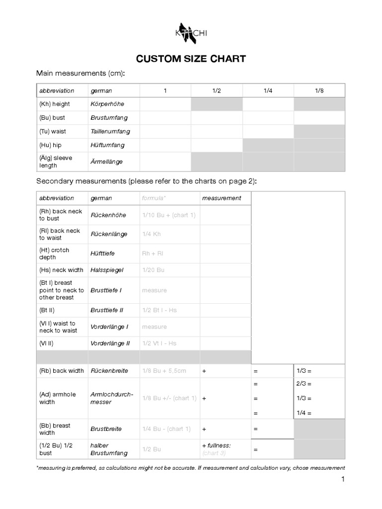 Custom Size Chart: Main Measurements (CM) | PDF | Human Body | Clothing