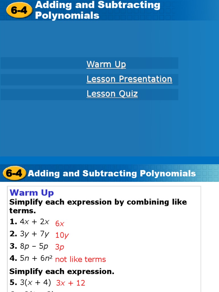 Addition and Subtraction of Polynomials | Download Free PDF ...