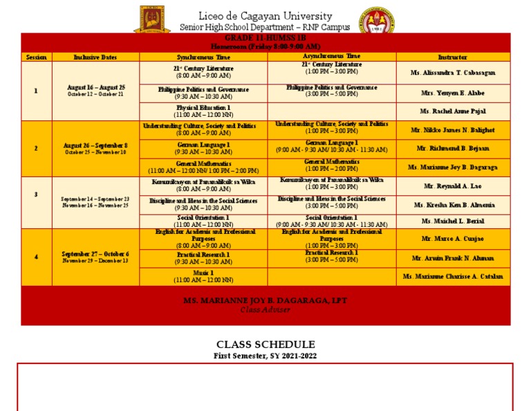 Ms Dagarara Sample G11 HUMSS 1B CLASS SCHEDULE | PDF | Science And Technology | Human Nature