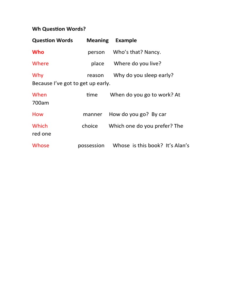 WH Question Words? Question Words Meaning Example | PDF