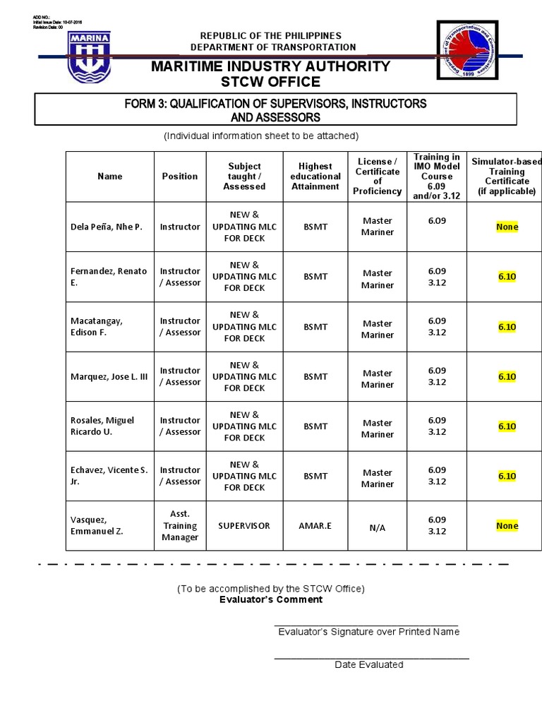 FORM 3 MLC Deck-Qualification of Instructors & Assessor | PDF