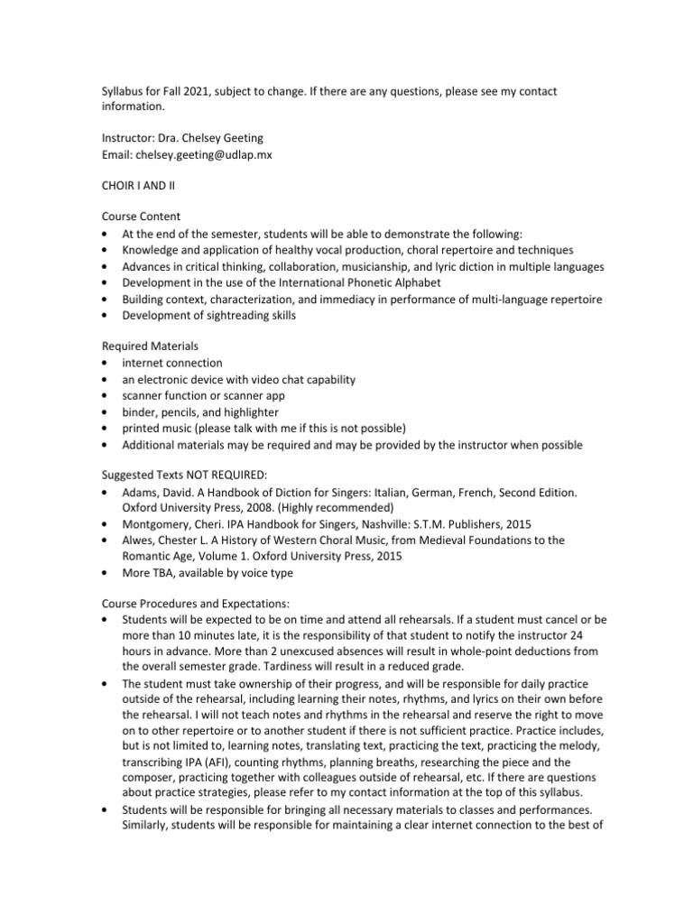 FA21 Choir Syllabus | PDF | Choir | Homework