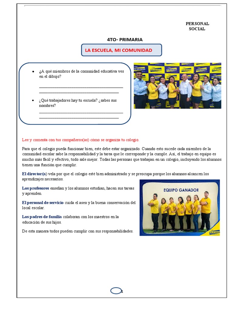 Ficha Mi Comunidad Escolar 4to | PDF