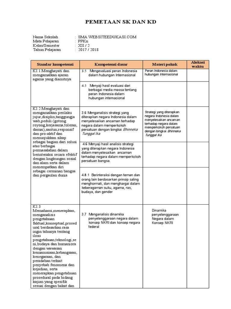 Pemetaan-Ki-Dan-Kd PKN Kls-12 Sm2 Rev 2017 | PDF | Karier & Perkembangan | Kesehatan Holistik