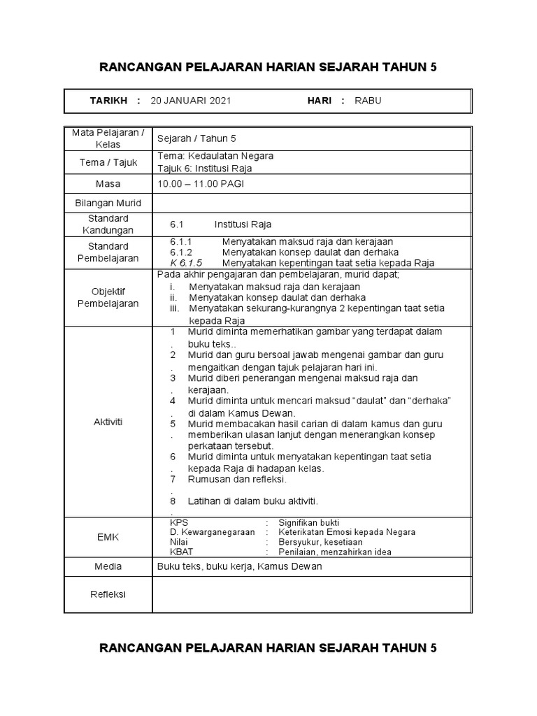 RPH Sejarah Tahun 5 | PDF