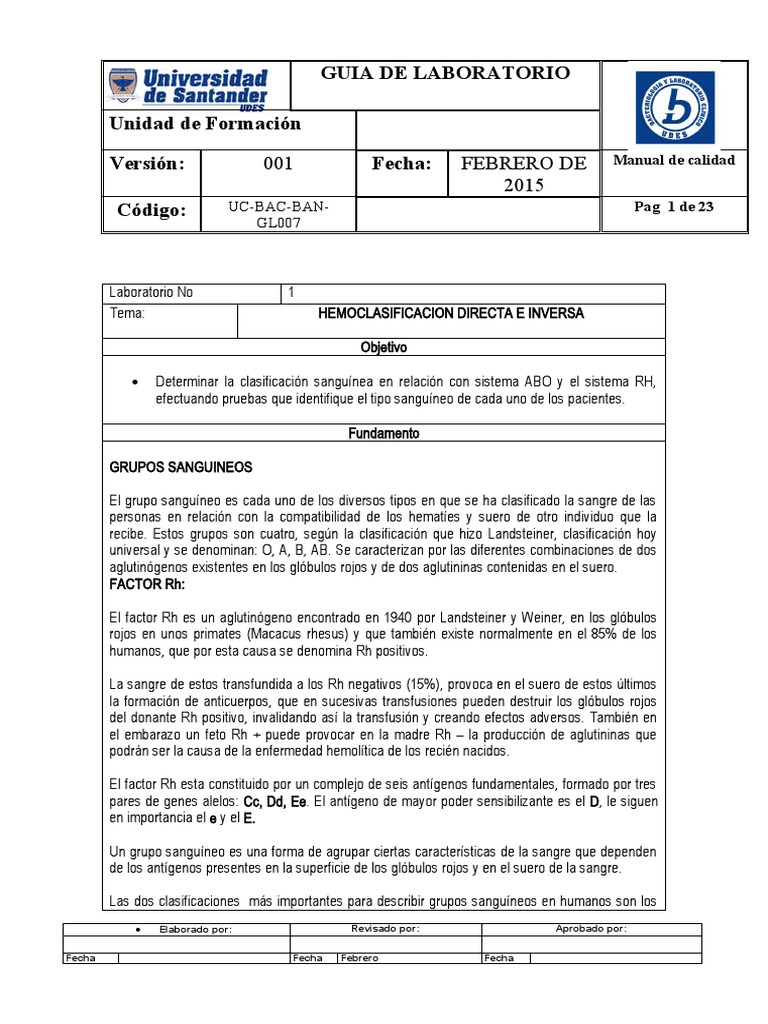 Guías de Laboratorio - Inmunohematología | PDF | Tipo de sangre ...