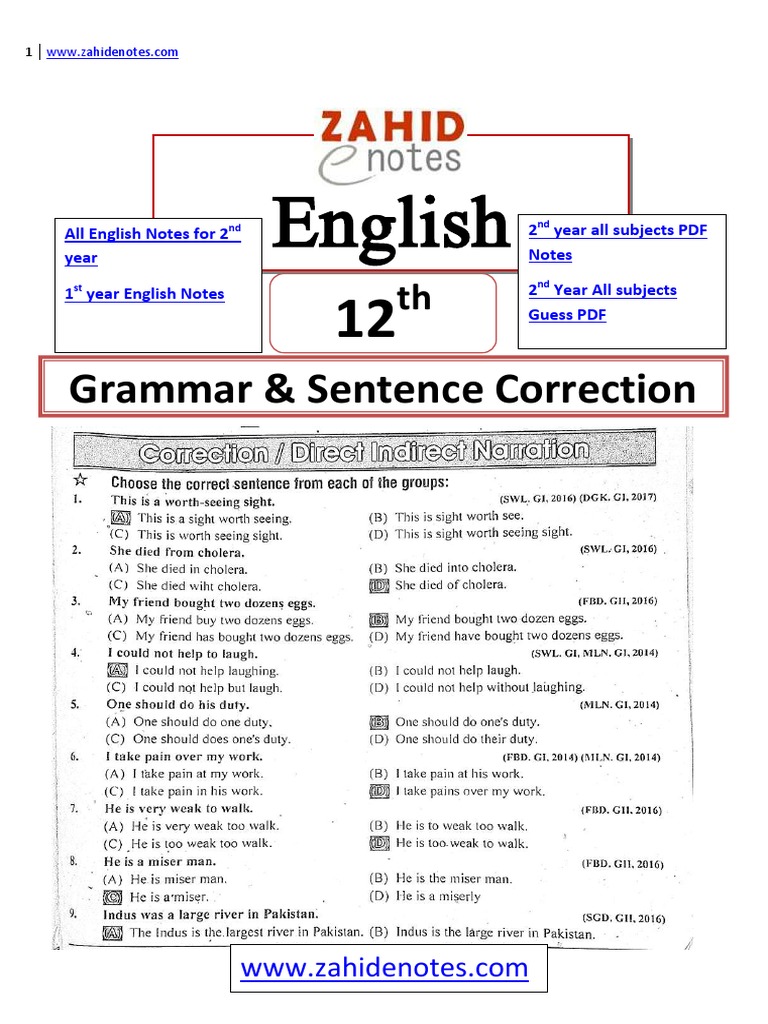 2nd Year English Objective Sentence Correction Notes | PDF