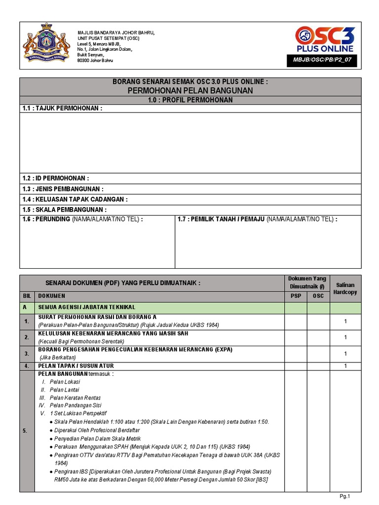 5-mbjb Osc PB p2 07 Borang Senarai Semak Permohonan Pelan Bangunan | PDF