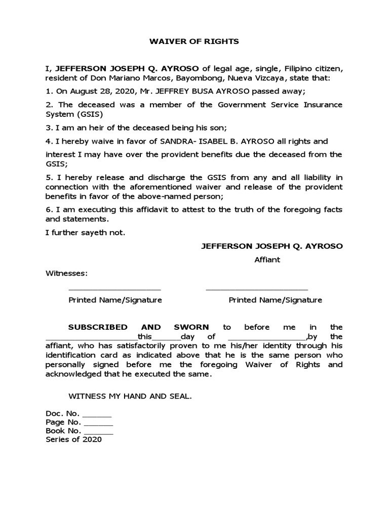 Waiver of Right (Gsis) | PDF