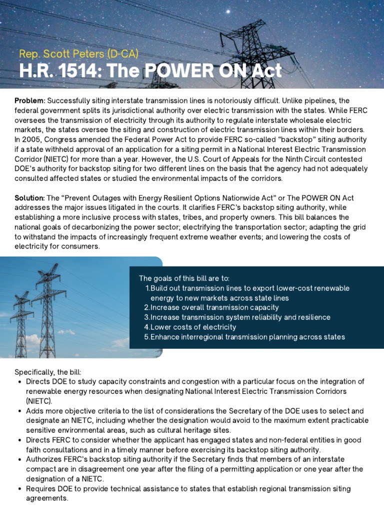 Power On Act - Onepager | PDF | Federal Energy Regulatory Commission ...