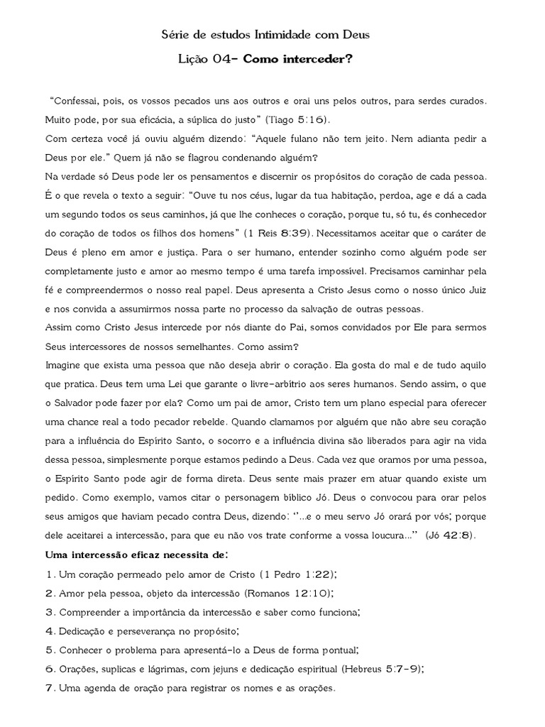 Lição 04 Como Interceder | PDF | Oração | Jesus