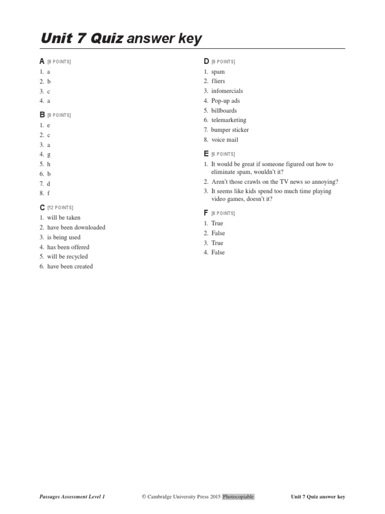 Unit 7 Quiz: Answer Key | PDF