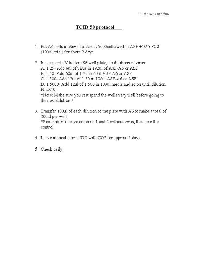 TCID50 Assay Protocol and Calculation | PDF | Virology | Microbiology
