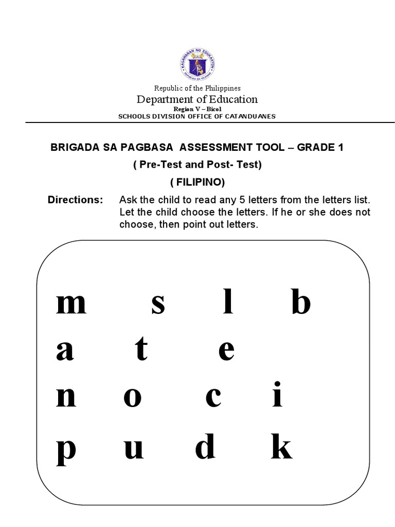 Grade 1 Reading Assessment Tool for Filipino, Mother Tongue, and ...