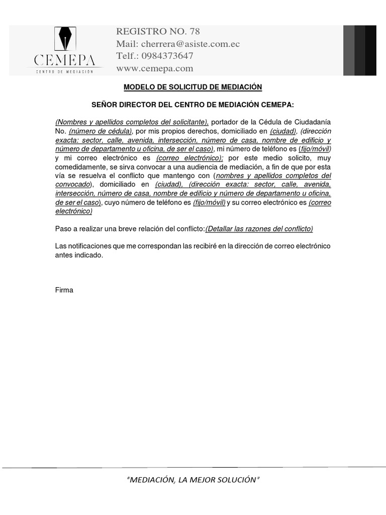 Modelo de Solicitud de Mediación | PDF Modelo de Solicitud de Mediación | PDF