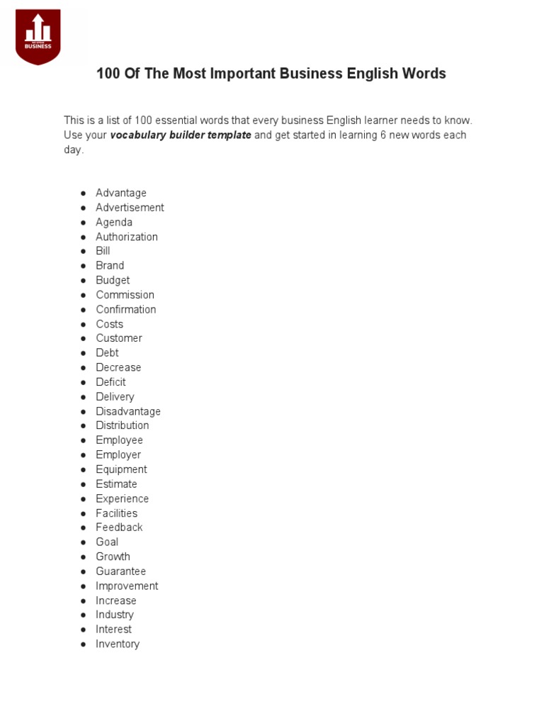 100 of The Most Important Business English Words | PDF