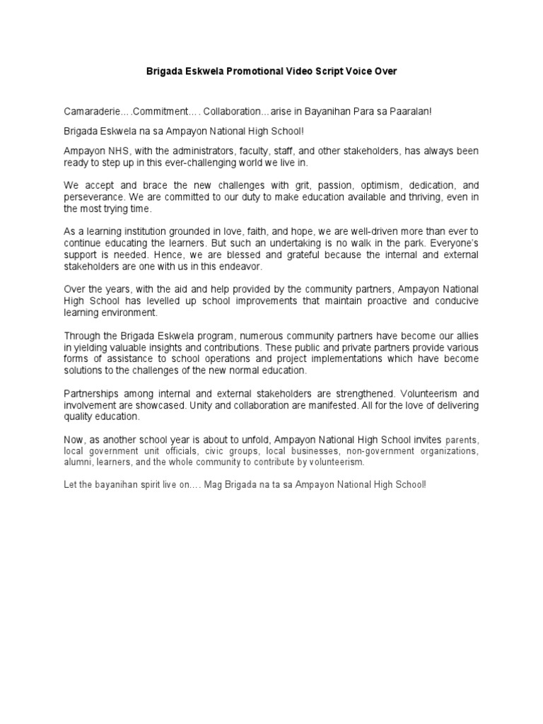 Brigada Eskwela Promotional Video-VO Script | PDF | Social Science