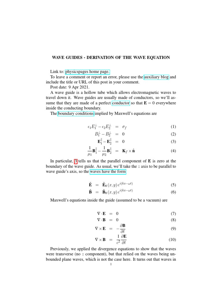 Wave Guides - Derivation of The Wave Equation | PDF | Waves | Waveguide