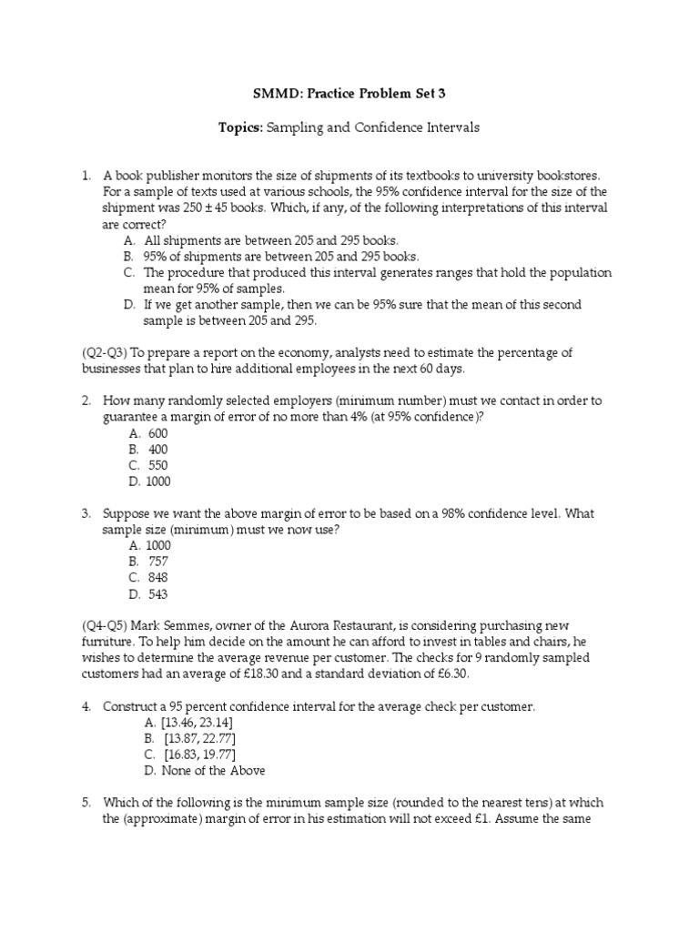 SMMD: Practice Problem Set 3 Confidence Intervals | PDF | Confidence Interval | Sample Size ...