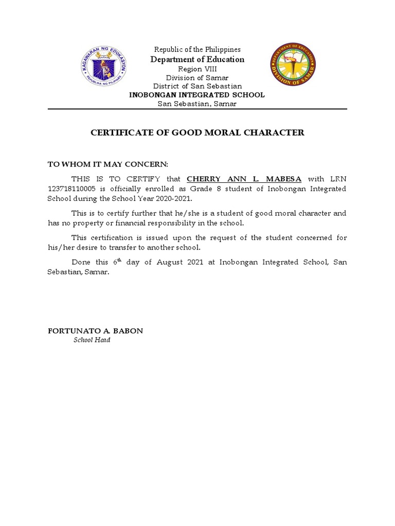 Certificate of Good Moral Character | PDF