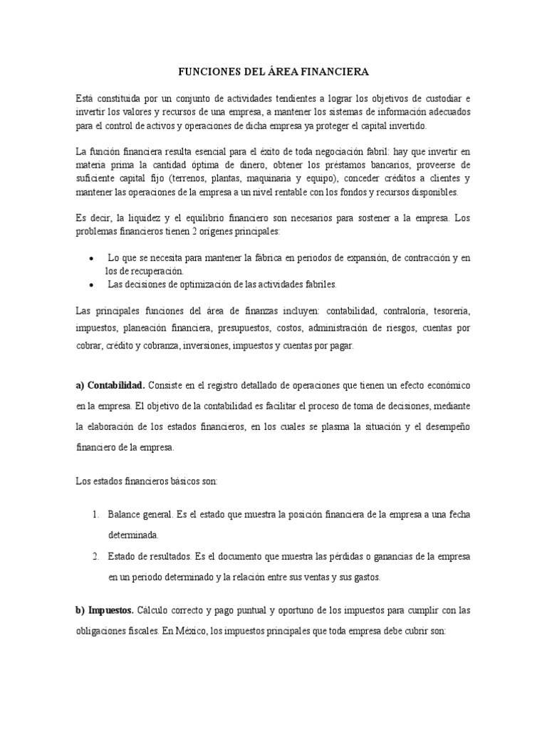 Funciones del Área Financiera Empresarial | PDF | Compartir (Finanzas ...