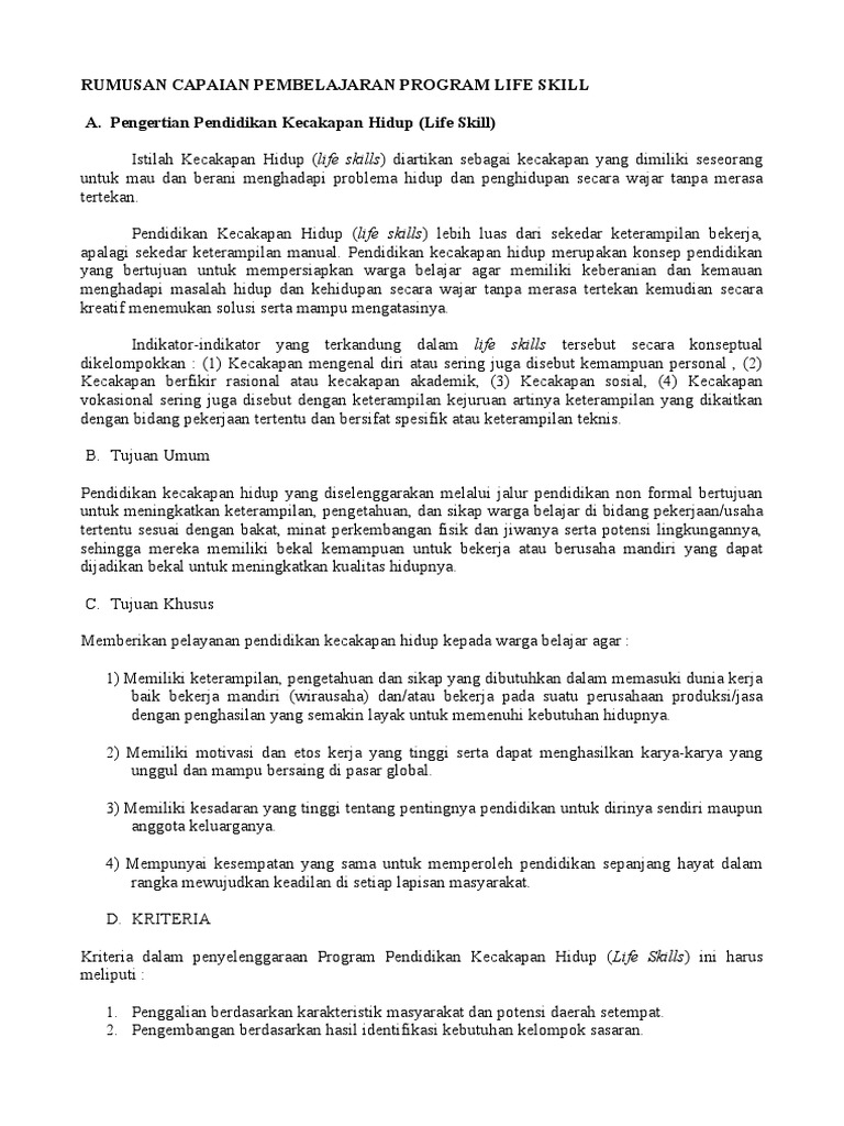Rumusan Capaian Pembelajaran Program Life Skill A. Pengertian Pendidikan Kecakapan Hidup (Life ...