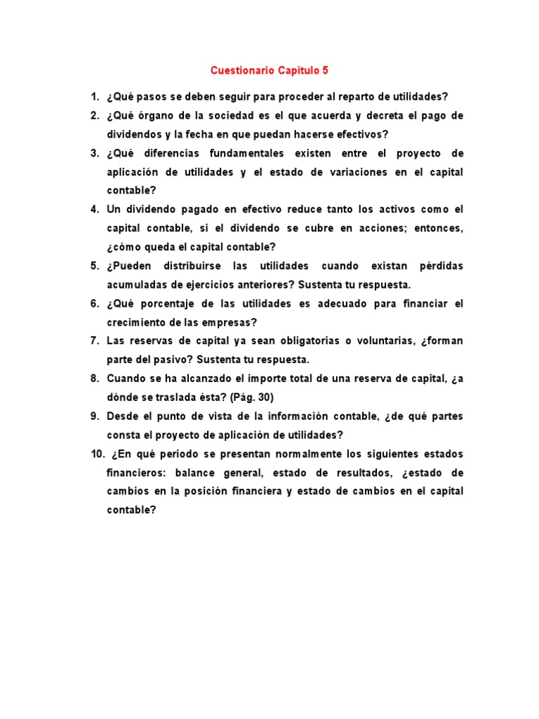 Cuestionarios y Problema Capitulo Cinco. | PDF | Contabilidad | Dividendo
