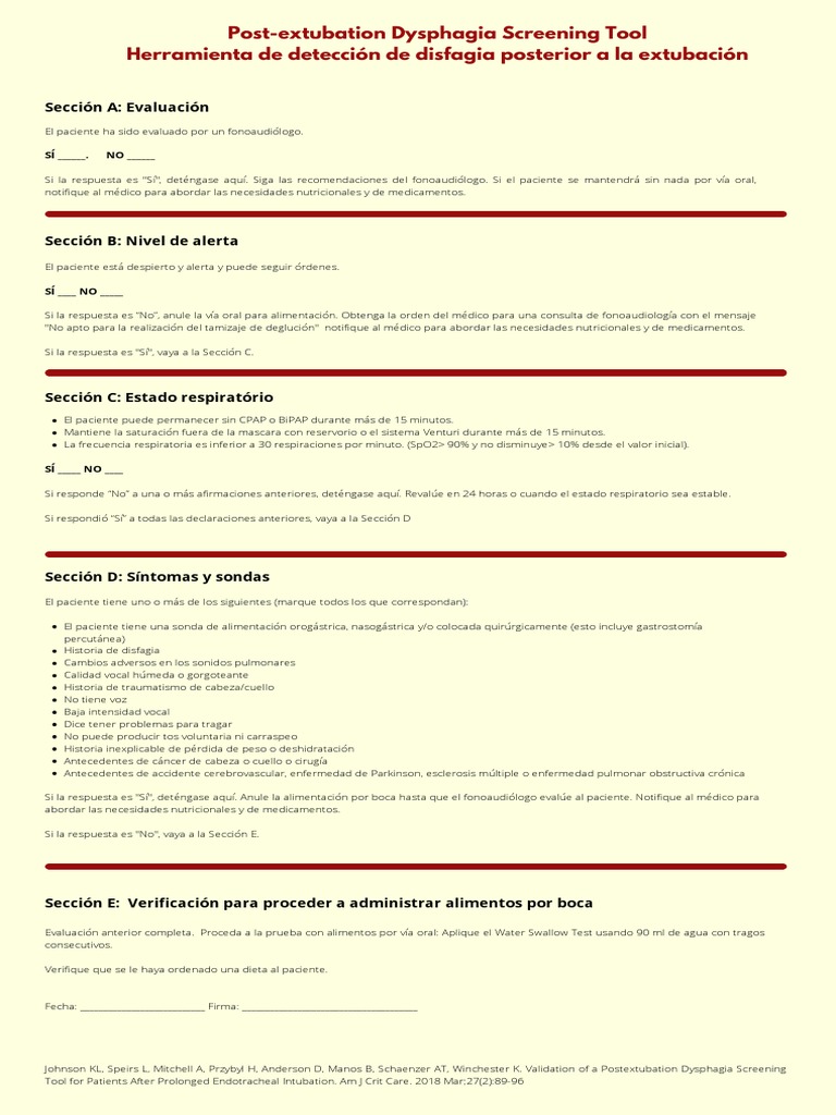 Post-Extubation Dysphagia Screening Tool Herramienta de Detección de ...