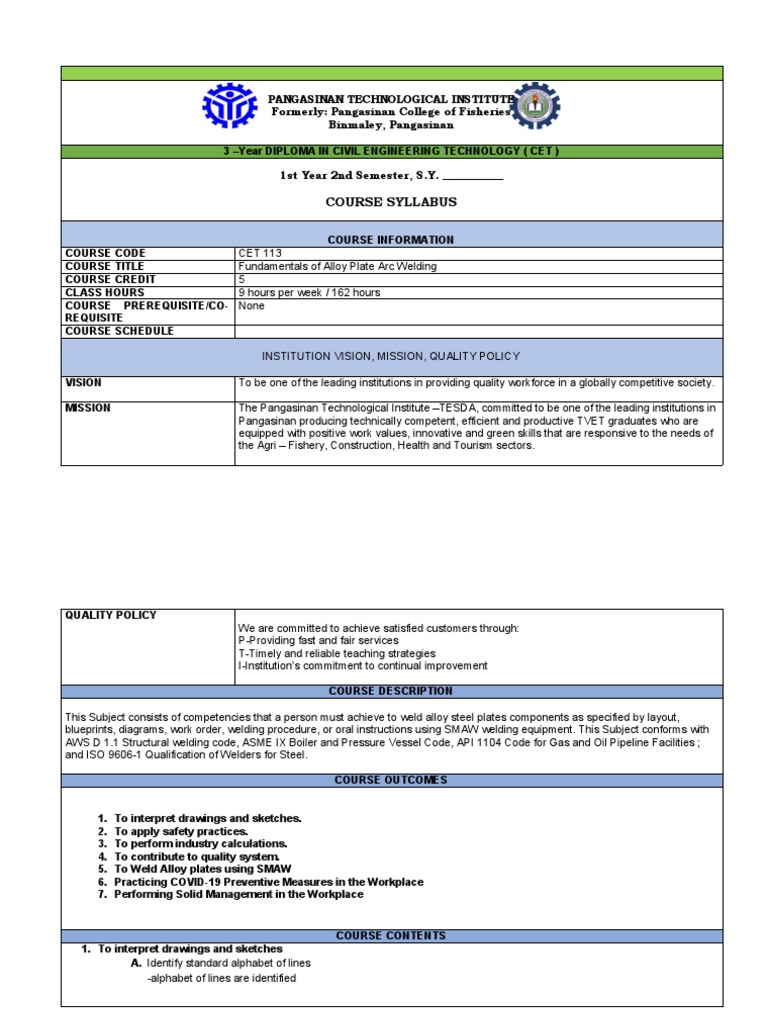 Smaw nc3 Course Syllabus Fundamentals of Alloy Plates Welding | PDF ...