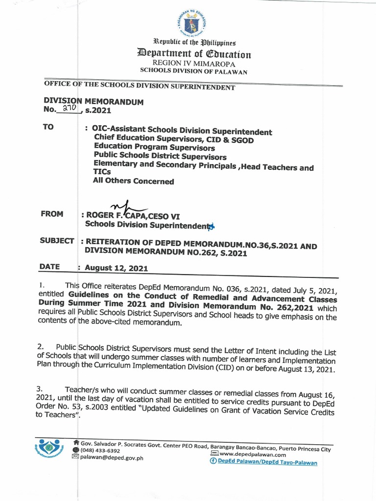 DM No. 270, S. 2021 - Reiteration of Deped Memos No. 36 and 262, S ...