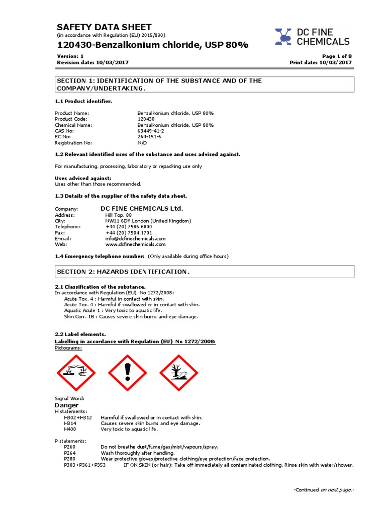 Safety Data Sheet 120430-Benzalkonium Chloride, USP 80% | PDF ...