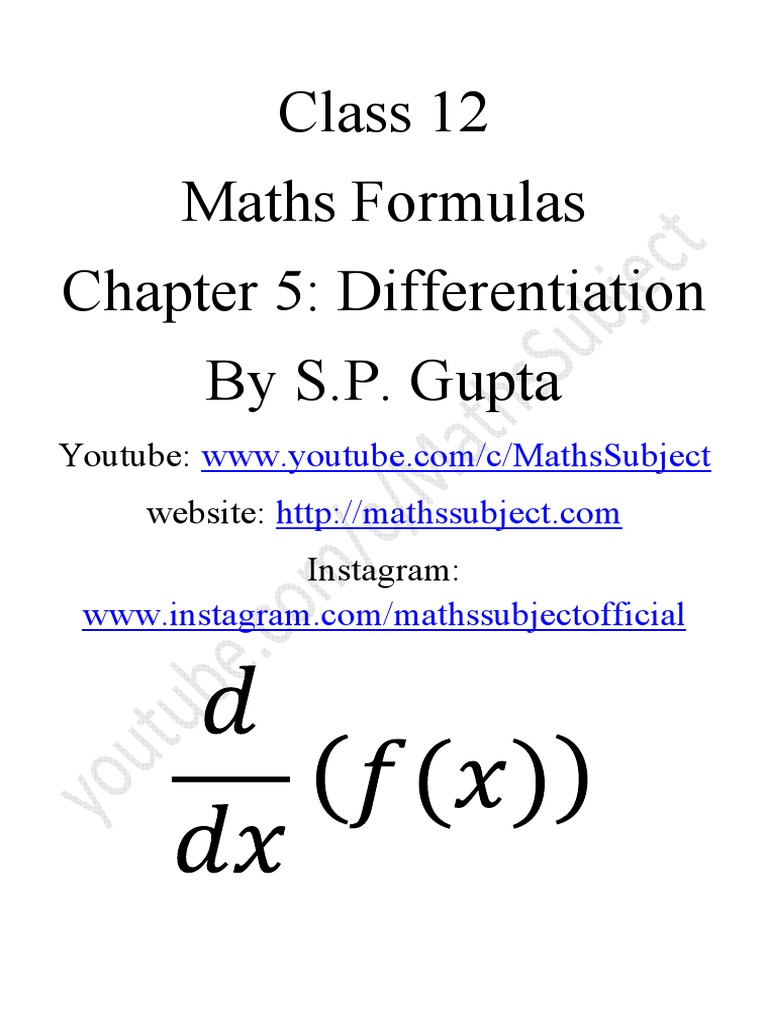 Class 12 - Maths Subject - CH 5 - Differentiation - Formulas by SP ...