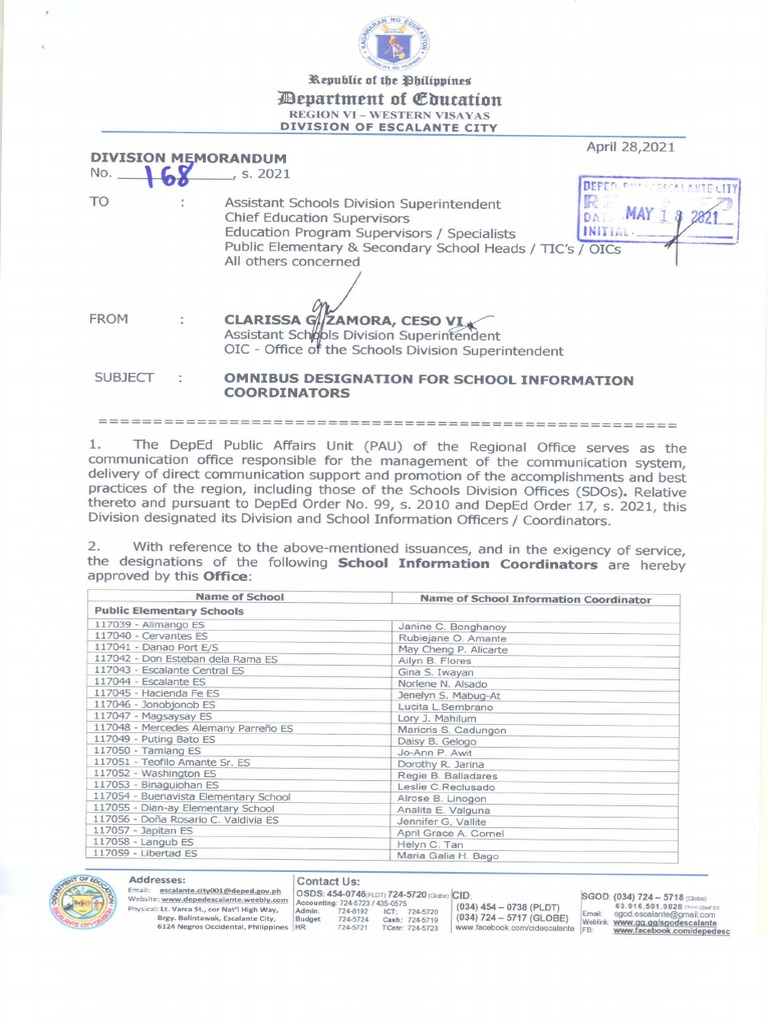 DM 168 - Omnibus Designation For School Information Coordinator | PDF