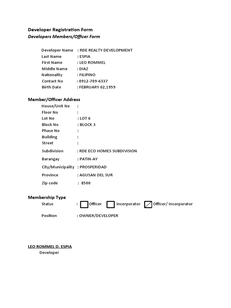 Developer Registration Form | PDF